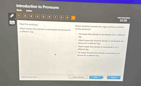 solved introduction to pronouns quiz active 1 2 3 4 5 6 7 8 9 10 time remaining 53 38 read the