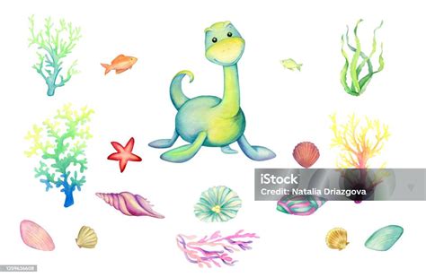 푸른 공룡 산호 물고기 껍질 수채화 세트 수중 선사 시대 세계 고립 된 배경에 0명에 대한 스톡 벡터 아트 및 기타 이미지 0명 공룡 귀여운 Istock