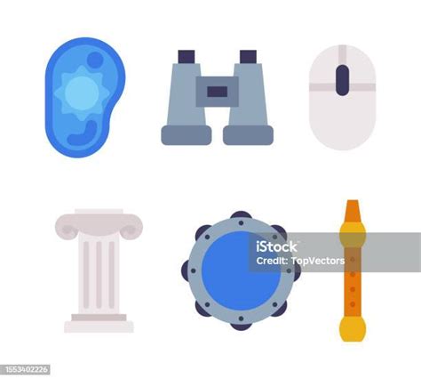 쌍안경 세포 칼럼 컴퓨터 마우스 및 플루트 벡터 세트가 있는 학교 교육 개체 개발에 대한 스톡 벡터 아트 및 기타 이미지