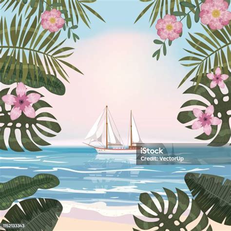 이국적인 꽃 식물이 있는 여름 열 대 배경은 야자수 해변 바다 해안 범선 하늘 구름을 떠난다 템플릿 여름 휴가 휴일 Baner 포스터 전단지 초대 카드 벡터 고립 된 0명에