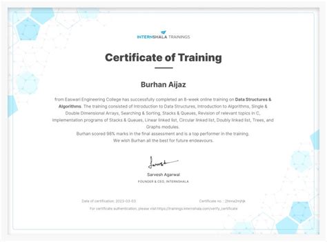 Burhan Aijaz On Linkedin Opportunity Datastructuresandalgorithms Internshala Certification