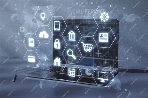 Premium Photo Close Up Of Laptop Computer On Office Desktop And Abstract Glowing Digital Icons