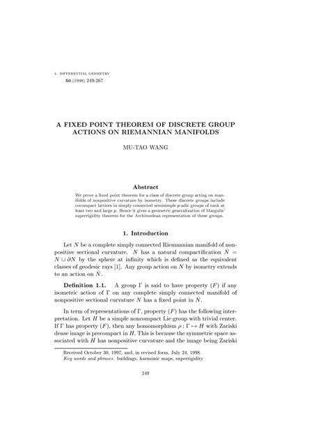 Pdf A Fixed Point Theorem Of Discrete Group Actions On Riemannian Manifolds