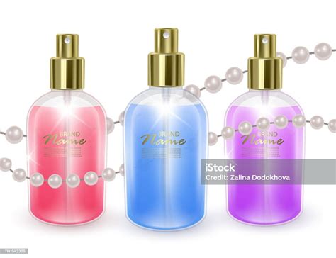 핑크 파란색과 보라색 액체 디스펜서와 현실적인 항아리 벡터 일러스트 레이 션 화장품 제품 헬스케어 배너 향수 항아리의 집합입니다 건강관리와 의술에 대한 스톡 벡터 아트 및