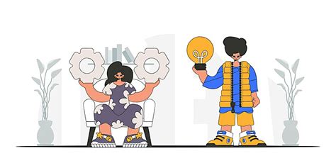 Problemsolving Couple With Light Bulb And Gears Idea Illustration Vector Analysis