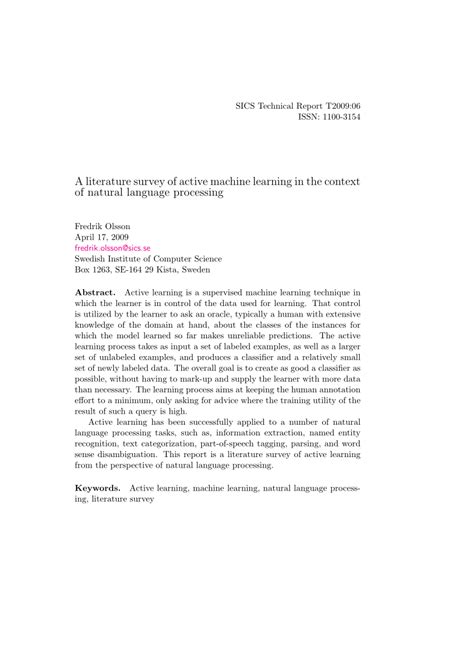 Pdf A Literature Survey Of Active Machine Learning In The Context Of Natural Language Processing