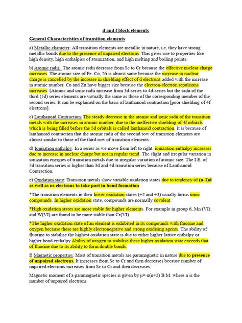 General Charecteristics Of D And F Block Elements Pdf Transition Metals Redox