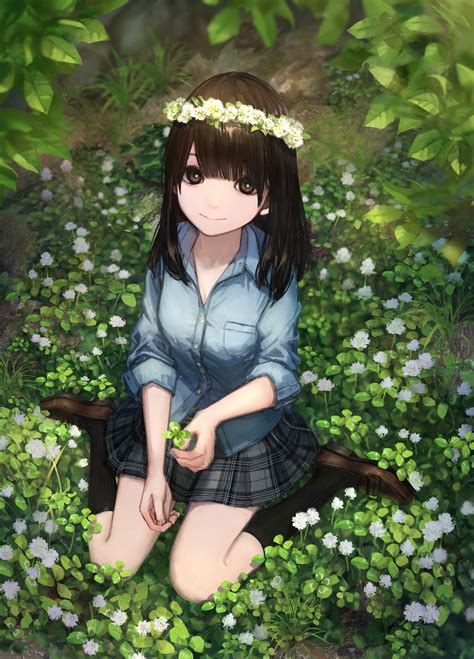 High Angle Anime Shirt Flowers Plants Kneeling Nature Outdoors Digital Art Looking At