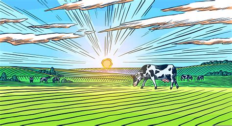 시골 초원 소 언덕 및 농장이있는 마을 풍경 맑은 경치 좋은 시골 전망 손으로 그린 스케치가 새겨져 있습니다 빈티지 소박한 배너