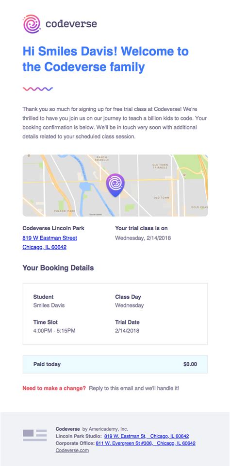Your Trial Booking Confirmation From Codeverse Desktop Email View Really Good Emails