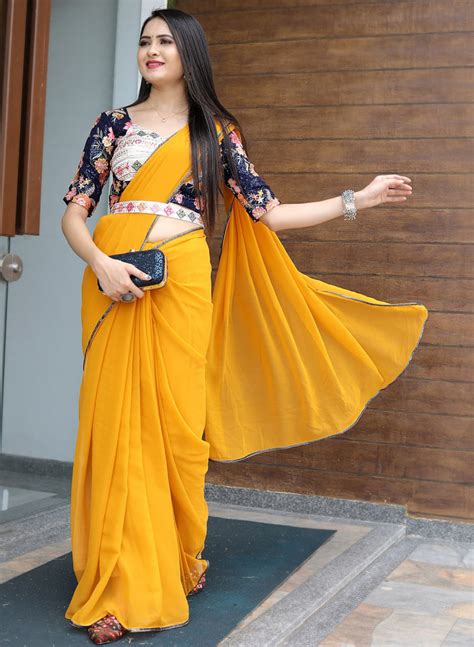Glamourous Yellow Color Saree With Stitched Blouse Clothsv