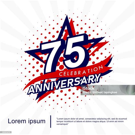 창립 75 주년 기념 엠블럼 기념일 로고는 빨간 리본과 별표로 고립되어 있습니다 웹 전단지 포스터 초대장 인사말 카드에 대 한 벡터 일러스트 레이 션 템플릿 디자인 75에