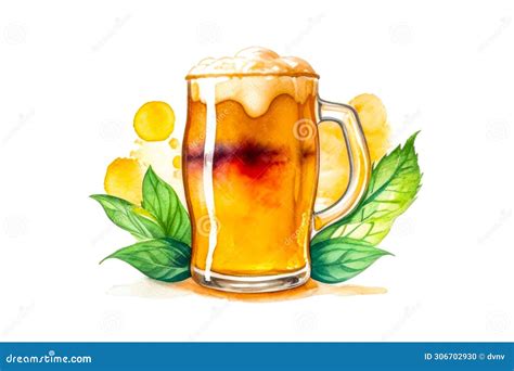 Beer In A Glass Mug Isolated On White Watercolor Illustration Of Beer