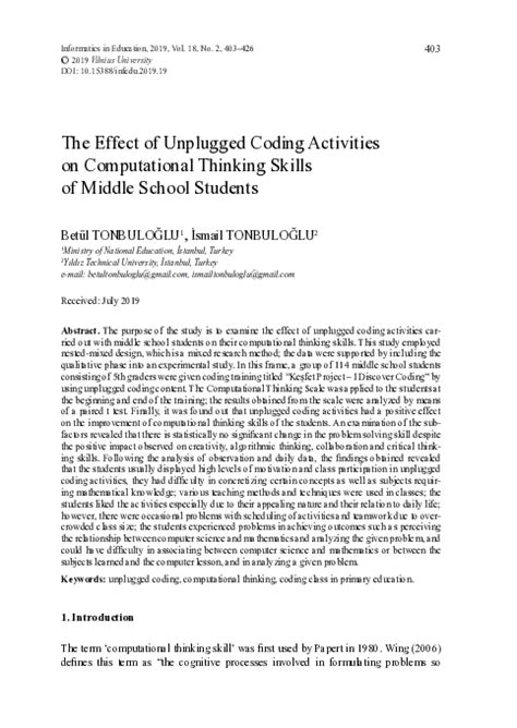Pdf The Effect Of Unplugged Coding Activities On Computational Thinking Skills Of Middle