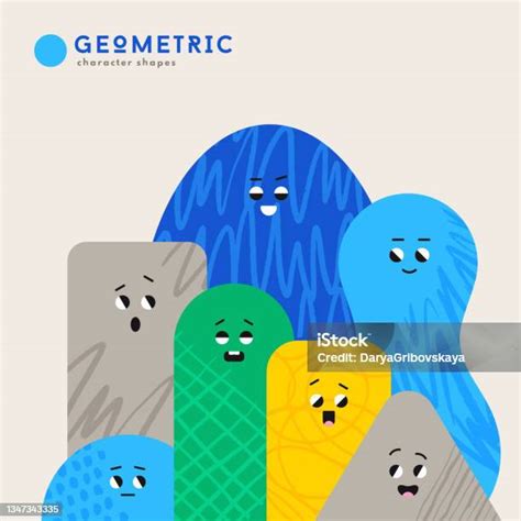 다른 얼굴 감정 아이들을위한 재미있는 포스터 아이디어와 귀여운 만화 기하학적 인물 다채로운 캐릭터 트렌디 한 벡터 일러스트레이션 어린이 교육을위한 기본 다양한 인물 0명에