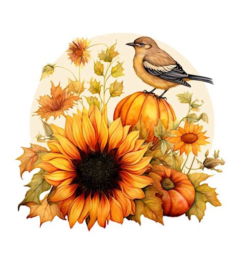 Sunflower Autumn Harvest Clip Art Bird Pumpkins Fall Foliage 10x10