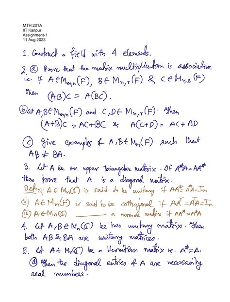 Assignment 1 Mth201 Mth 201a Iit Kanpur Assignment 11 Aug 2023 I Construct A Field With 4
