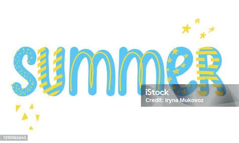 엽서 티셔츠 또는 여름 세일을위한 핸드 레터링 디자인 별과 삼각형 장식 요소와 손으로 그린 파란색과 노란색 문자 여름 인쇄 및 배너에 대한 벡터 일러스트레이션 엽서에 대한