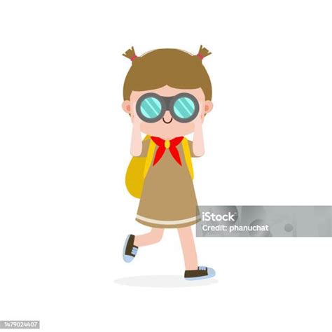 행복한 귀여운 작은 아이 착용 스카우트 명예 유니폼 어린이 소녀 스카우트 만화 플랫 캐릭터 고립 된 벡터 일러스트 레이 션 흰색 배경에 관광객에 대한 스톡 벡터 아트 및