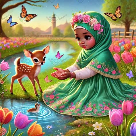 بک گراند کودکانه دختر بچه ناز با حجاب و بچه آهوی ناز نشسته کنار دریاچه کد 43958 ویژه عکس گراف