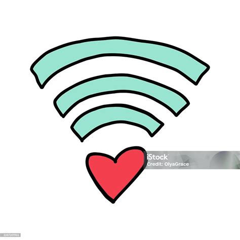 하트 기호가 있는 발렌타인 와이파이 하트를 중앙에 두고 무선 Wifi 신호를 특징으로 하는 낙서 그림 발렌타인 데이 스타일의 Wifi와 마음으로 연결과 사랑의 개념 로맨틱한