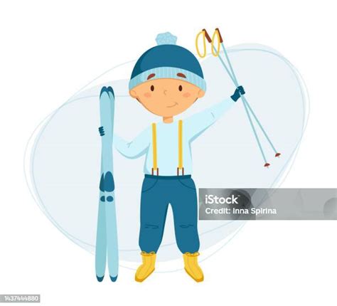 스키 장비와 스키를 탄 귀여운 재미 있는 소년 소년이 기둥 벡터 삽화를 가지고 있다 아이는 스키를 타러 간다 어린이 활동 소년에 대한 스톡 벡터 아트 및 기타 이미지