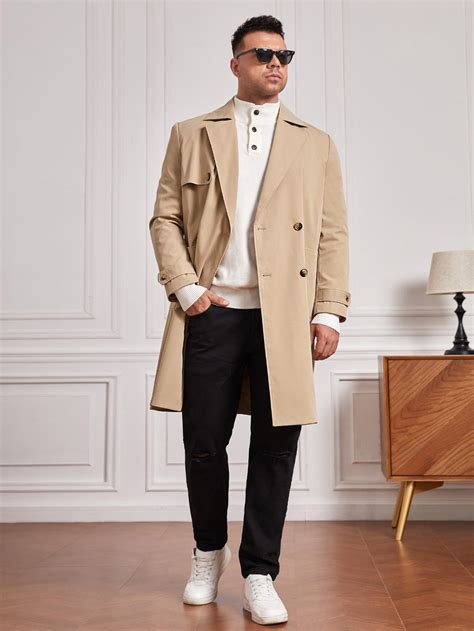 Extended Sizes Hombres Gabardina De Cuello Con Solapa De Doble Botonadura