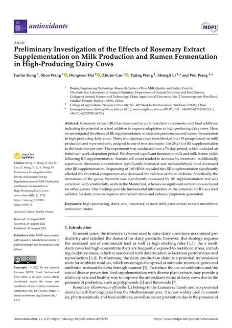 Pdf Preliminary Investigation Of The Effects Of Rosemary Extract Supplementation On Milk