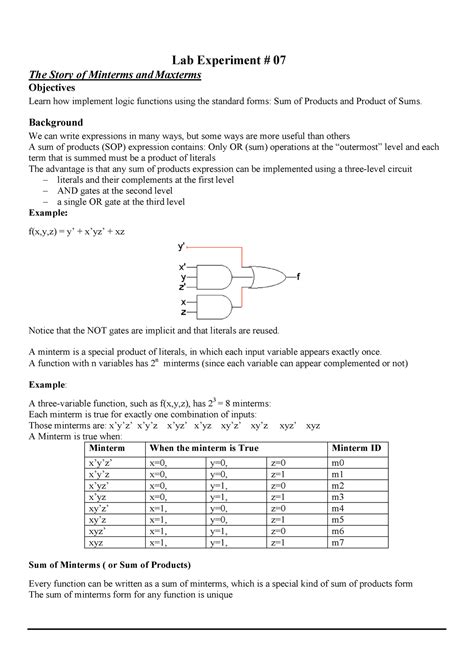 CS Lab Manual Week No Lab Experiment The Story Of Minterms And Maxterms Objectives