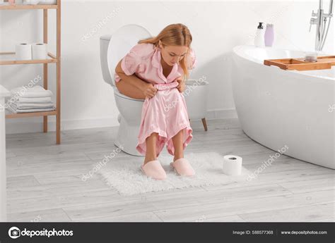 Mature Woman Diarrhea Sitting Toilet Bowl Bathroom Stock Photo Serezniy