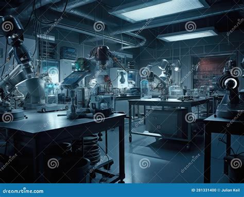 Robotic Lab Conducting Futuristic Experiments Stock Illustration