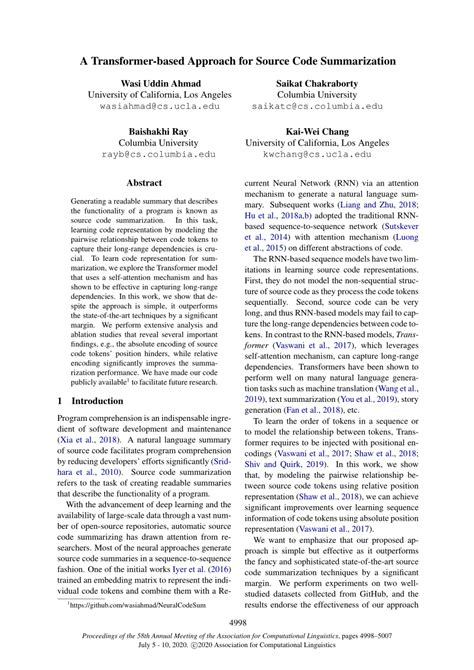 Pdf A Transformer Based Approach For Source Code Summarization