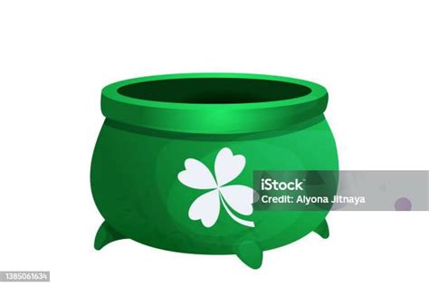 흰색 배경에 고립 된 만화 스타일에 빈 클로버 잎 기호와 녹색 냄비 보물 전통적인 세인트 패트릭 데이 장식 벡터 일러스트레이션