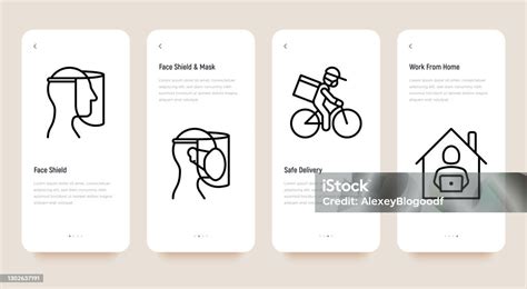 얇은 라인 아이콘이있는 새로운 일반 모바일 사용자 인터페이스 얼굴 방패 수술 마스크 집에서 안전 배달 집에서 작업 코로나바이러스 예방 조치 벡터 그림입니다 0명에 대한 스톡