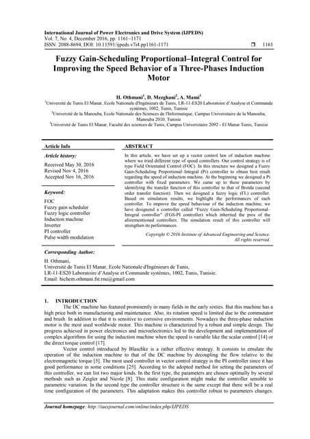 Fuzzy Gain Scheduling Proportionalintegral Control For Improving The Speed Behavior Of A Three