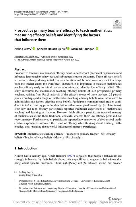 Prospective Primary Teachers Efficacy To Teach Mathematics Measuring Efficacy Beliefs And