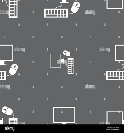 Computer Widescreen Monitor Keyboard Mouse Sign Icon Seamless Pattern On A Gray Background