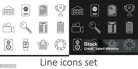 라인 카메라 셔터 모바일 앱 이력서가있는 클립 보드 키 영화 또는 비디오 카메라 창고 종이 재무 수표 및 여권 아이콘을