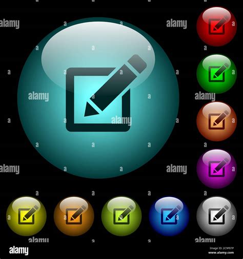 Editing Box With Pencil Icons In Color Illuminated Spherical Glass Buttons On Black Background
