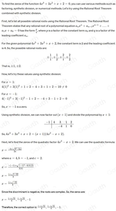 Solved Find All Zeros Of The Function 4x 3 3x 2 X 2 0 1 1 And 0 2