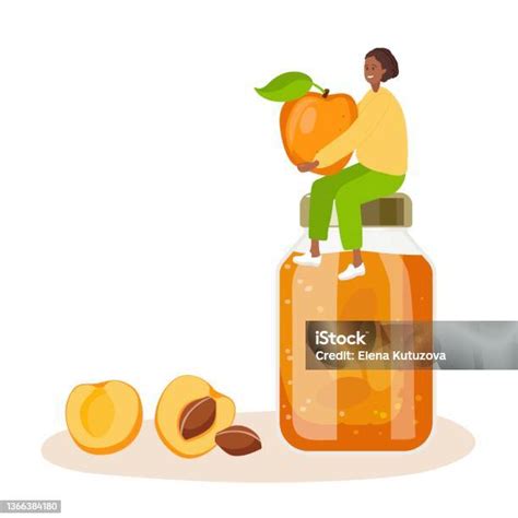 통조림 살구 유리 항아리에 콤포트 또는 잼 또는 마멀레이드 잼 항아리에 앉아 작은 여자 통조림 과일 과일 보존 벡터 일러스트레이션 농부 시장 브랜딩 유기농 식품 템플릿