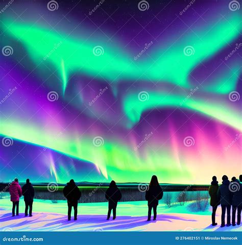 People Watching Aurora Borealis Generative Ai Illustration Stock Illustration Illustration Of