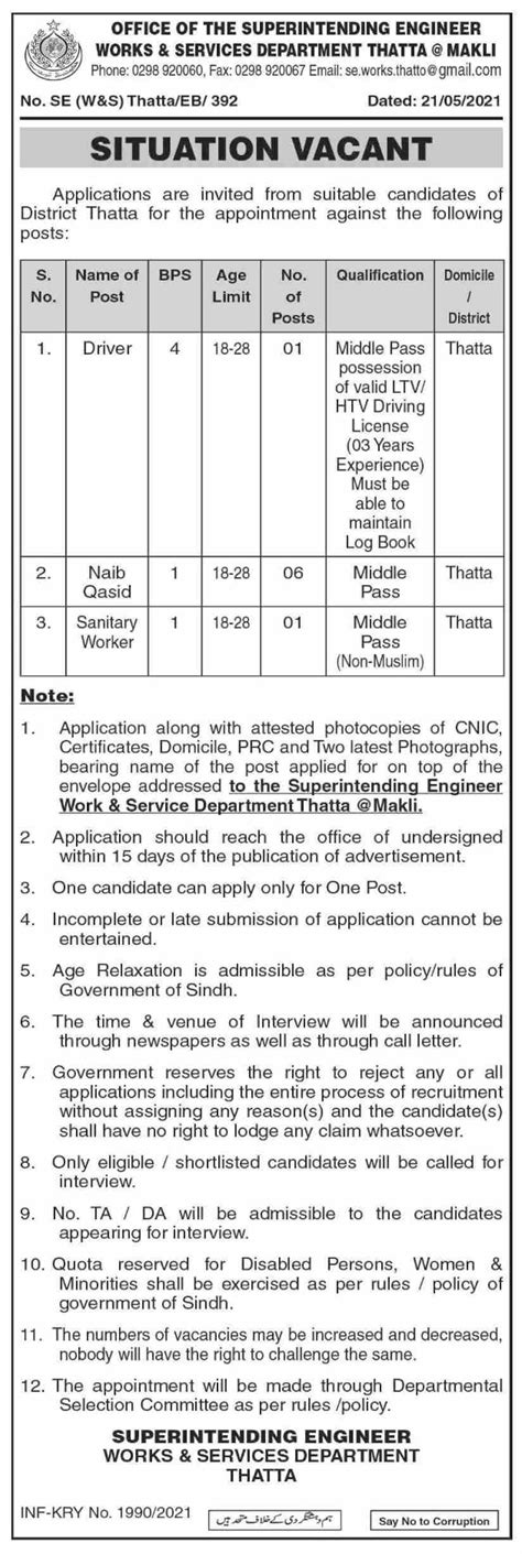 Works And Services Department Thatta Makli Jobs 2021 For Driver Naib