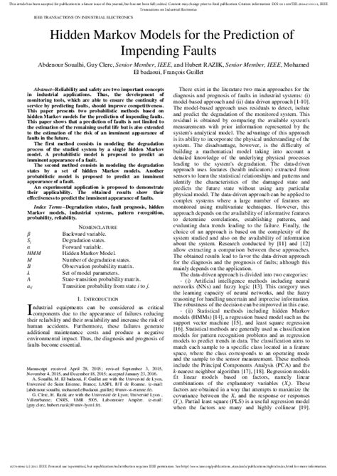 Pdf Hidden Markov Models For The Prediction Of Impending Faults