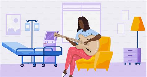 여자는 노래를 부른다 소녀는 기타를 들고 병원 병동에 앉아 있다 사람이 음악을 만듭니다 여성 캐릭터는 기타를 사용합니다 음악가는 의료 기관에서 악기로 현을 연주합니다