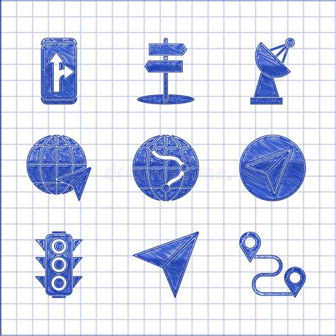 Set Location On The Globe Paper Airplane Route Location Traffic Light Radar And Infographic
