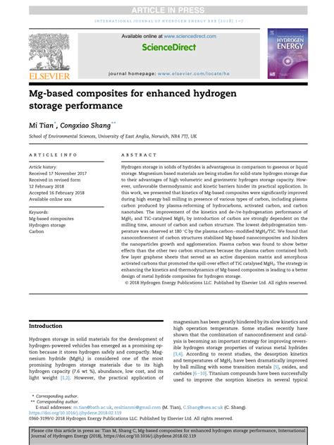 Pdf Mg Based Composites For Enhanced Hydrogen Storage Performance