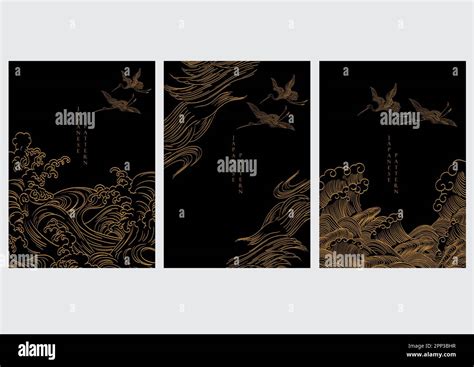 Hand Drawn Wave And Crane Birds Element With Japanese Pattern Vector Oriental Gold Line