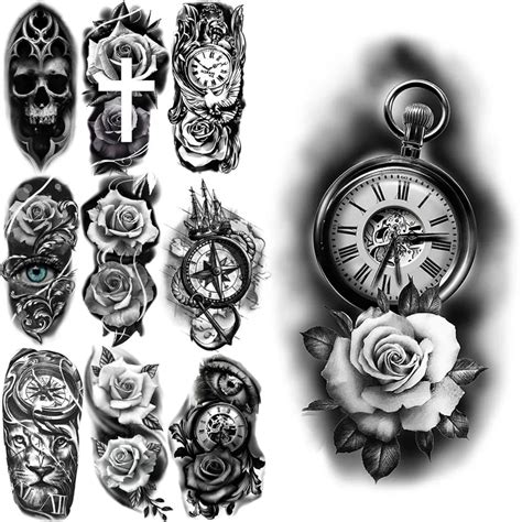 Realistic Small Compass Flower Skull Face Temporary Tattoo For Women And Men Skull Cross Eye