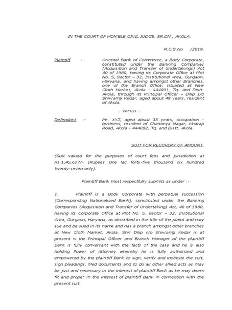 Sample Plaint Suit For Recovery Of Debt Pdf Lawsuit Loans